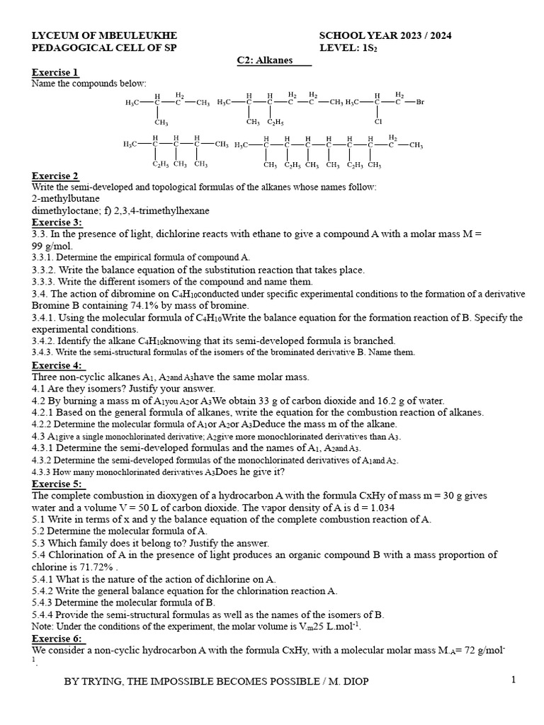 C2 1S TD CTD 2023-2024 | PDF | Alkane | Chemical Reactions