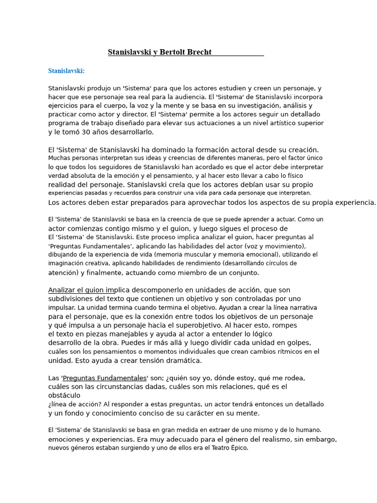 Stanislavski vs Brecht: Métodos Actuales | PDF | Interino | Actor