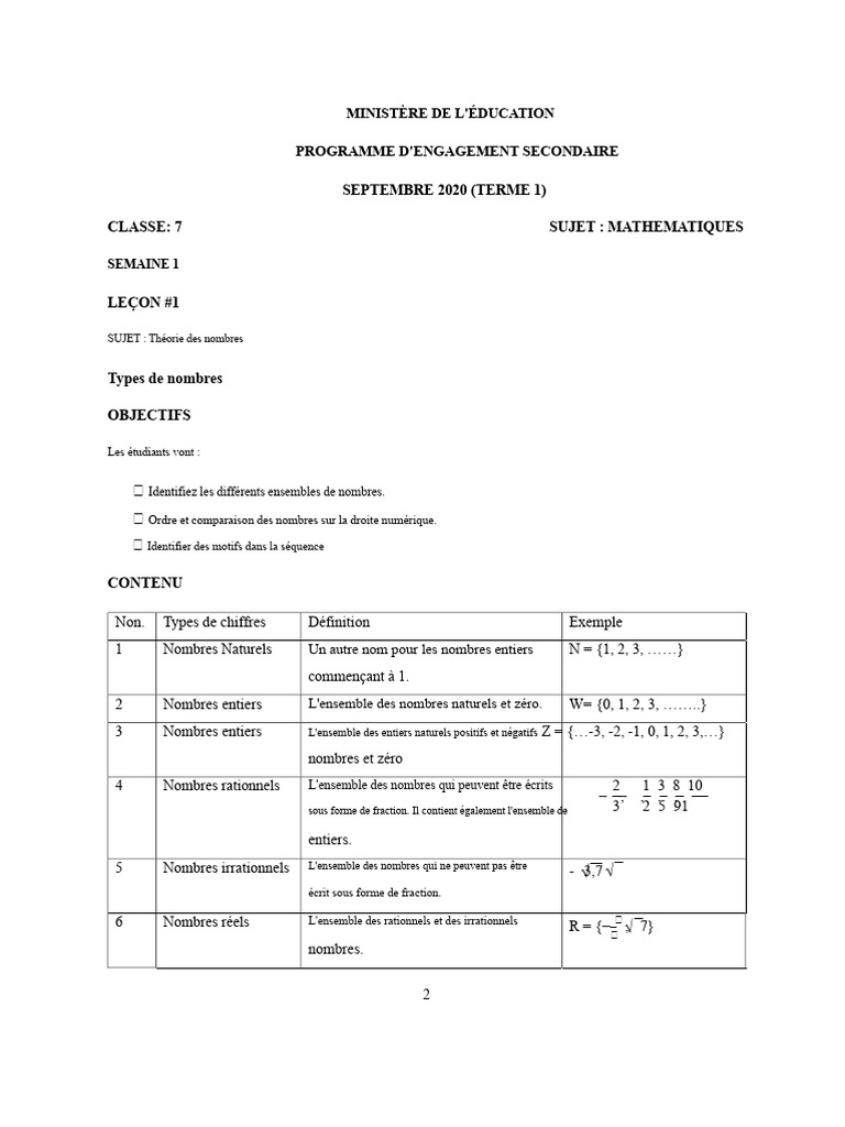 Mathématiques de 7e Année Semaine 1 Leçon 1 | PDF | Entier naturel | Nombre