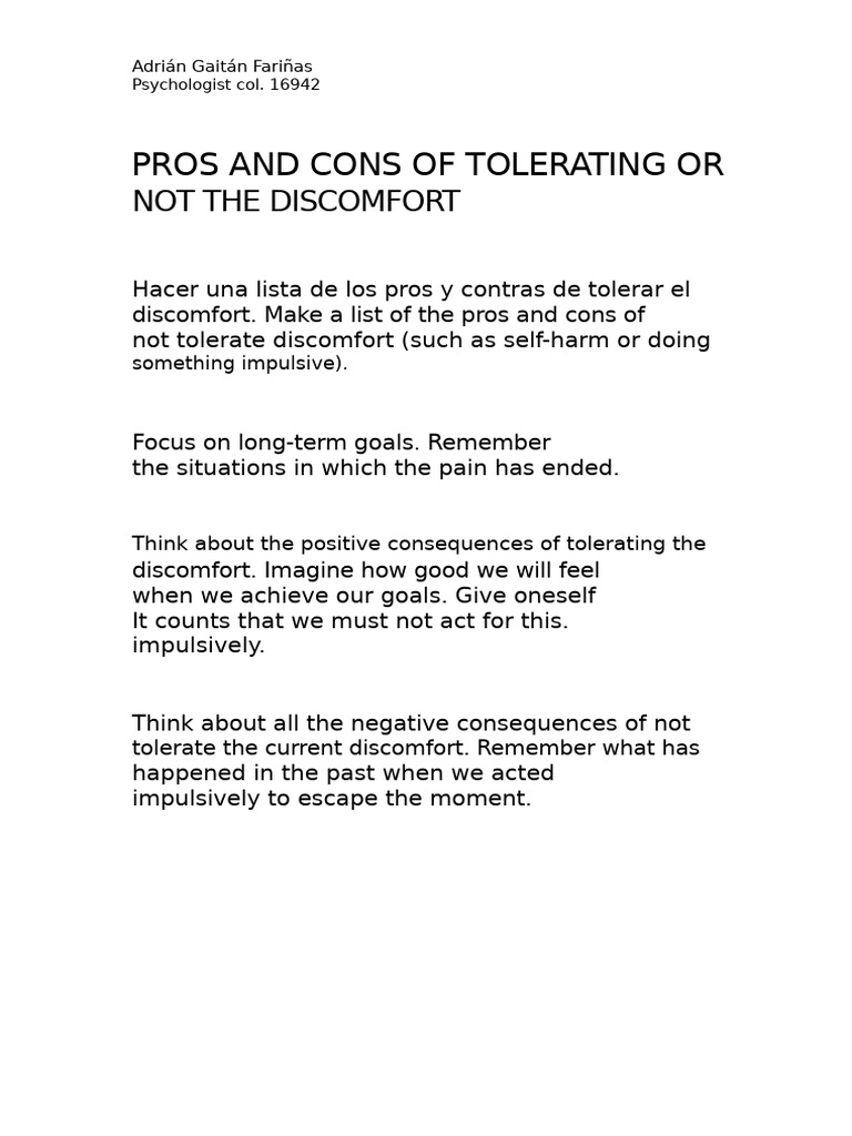 Pros and Cons of Tolerating or Not Tolerating Distress in BPD | PDF