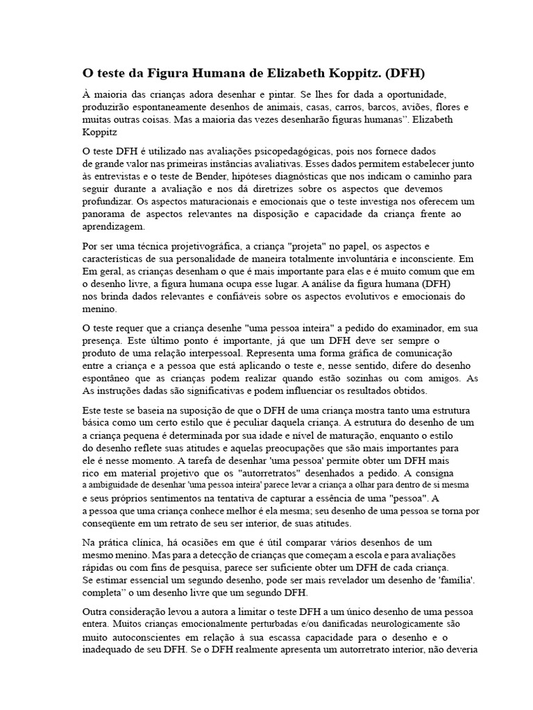 Manual Do Teste Do Desenho Da Figura Humana de Elizabeth Koppitz | PDF ...