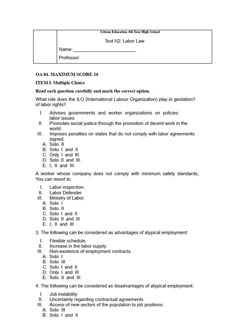 Educational Test Citizenship Labor Law 4th YEAR | PDF | Labour Law ...