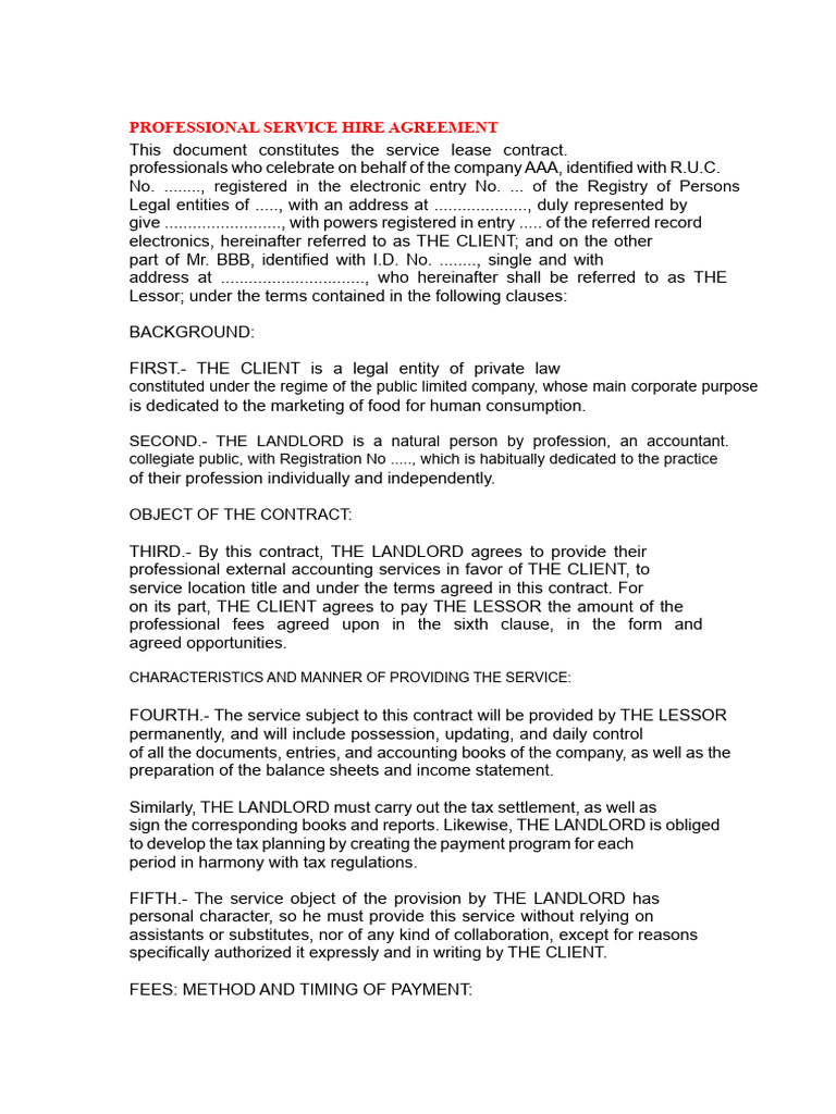 Professional Services Contract Model Docx Pdf Lease Landlord