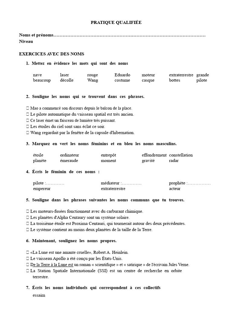 Exercices Avec Des Noms Et Des Adjectifs | PDF | Planètes | Verbe