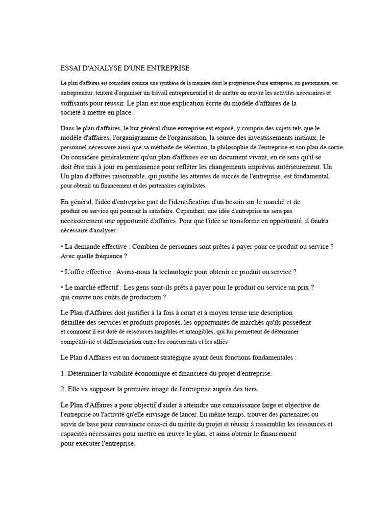 Essai Analyse D'une Entreprise | PDF | Plan d'affaires | Business