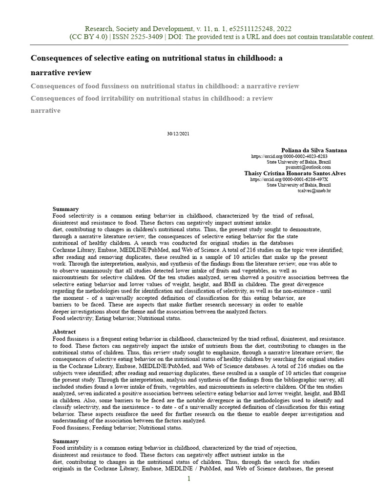 Consequences of Selective Eating For Nutritional Status in Childhood ...