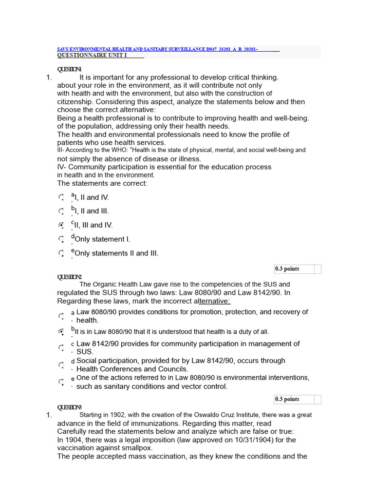 Savs Environmental Health and Sanitary Vigilance - Questionnaire I ...
