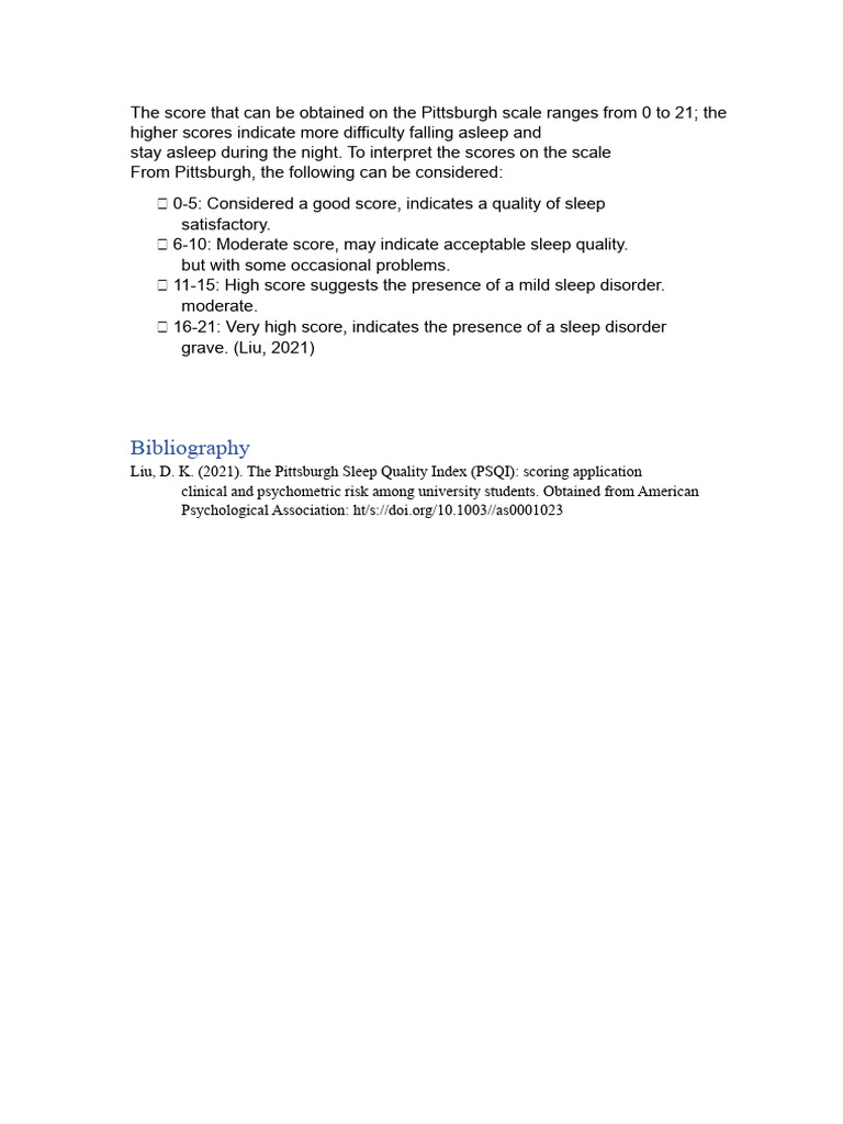 Pittsburgh Sleep Quality Index Scores Explained | PDF