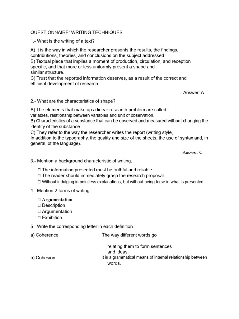 Writing Techniques Questionnaire Guide | PDF | Syntax | Information