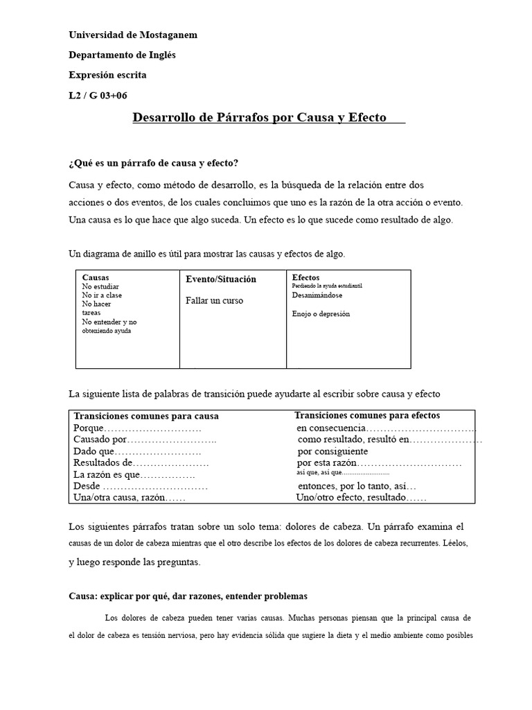 Párrafo de Causa y Efecto | PDF | Resfriado comun | Dolor