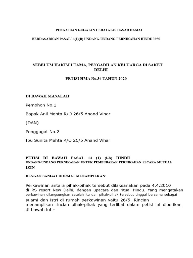 Petisi Cerai Dengan Persetujuan Bersama | PDF