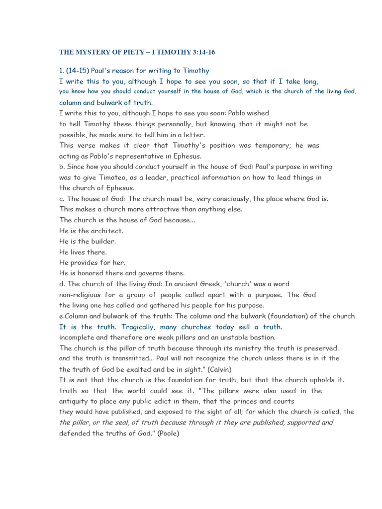 THE MYSTERY OF PIETY – 1 TIMOTHY 3:14-16 | PDF | Saint Timothy | Paul The Apostle