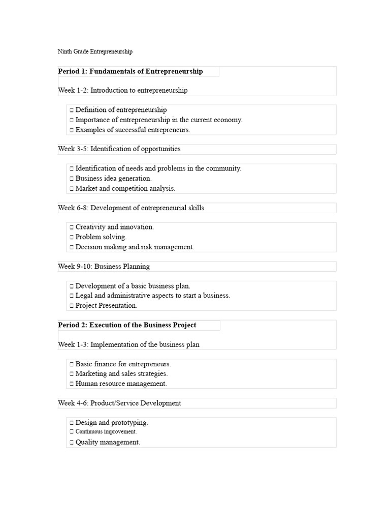 Ninth Grade Entrepreneurship Curriculum | PDF