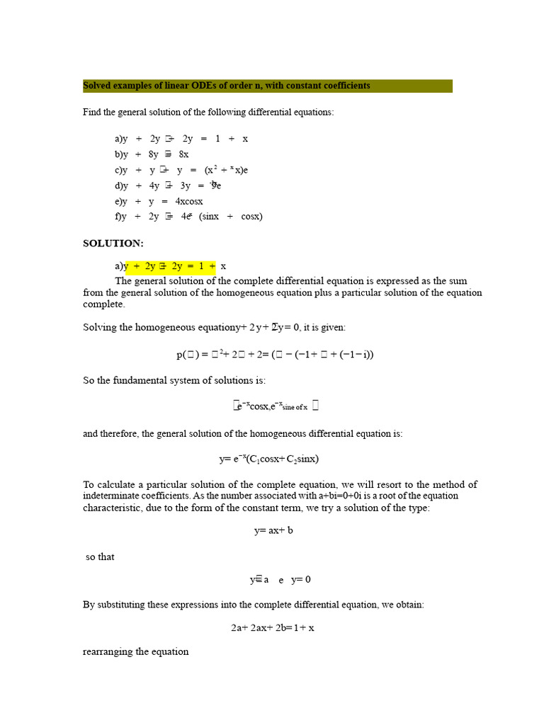Solved problems of linear ODEs of order n with constant coefficients | PDF | Equations ...