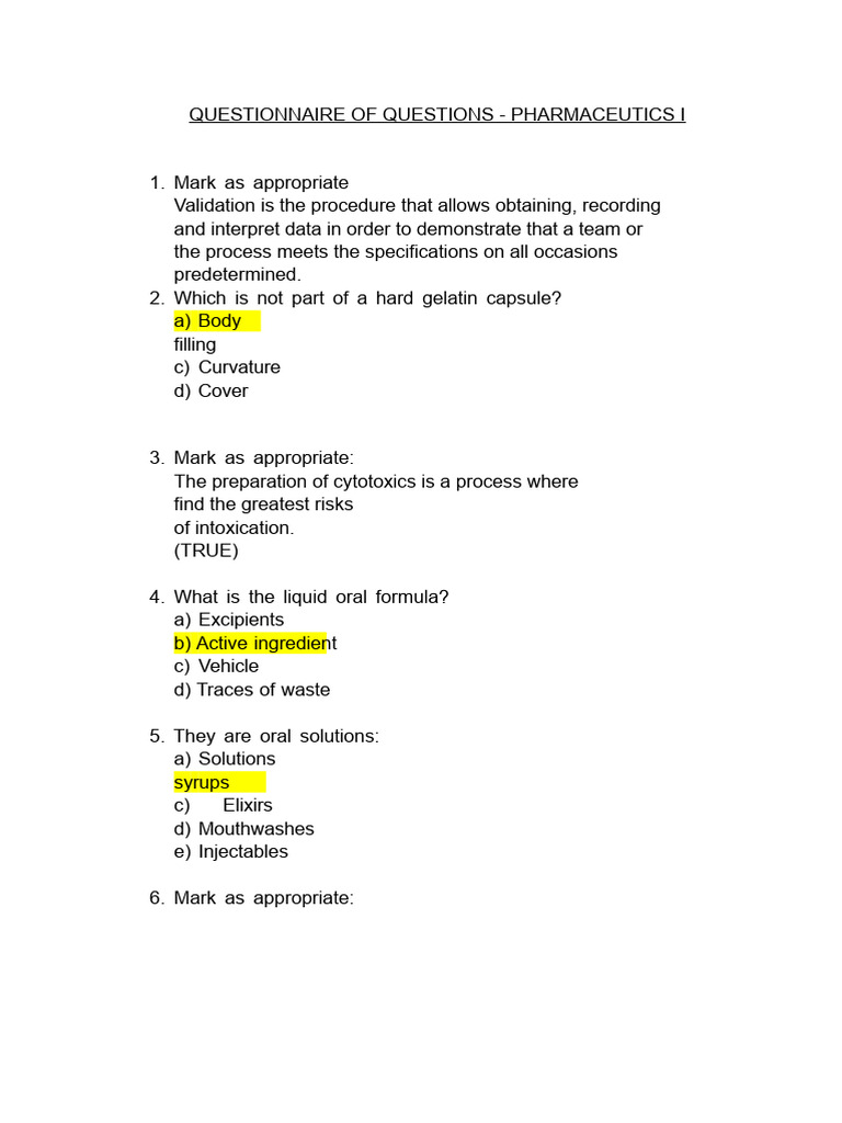 Pharmaceutical Technology Questionnaire I - 2023 | PDF | Tablet ...