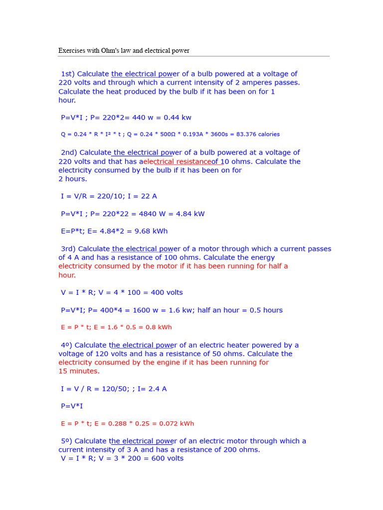 Ohm's Law Exercises and Calculations | PDF