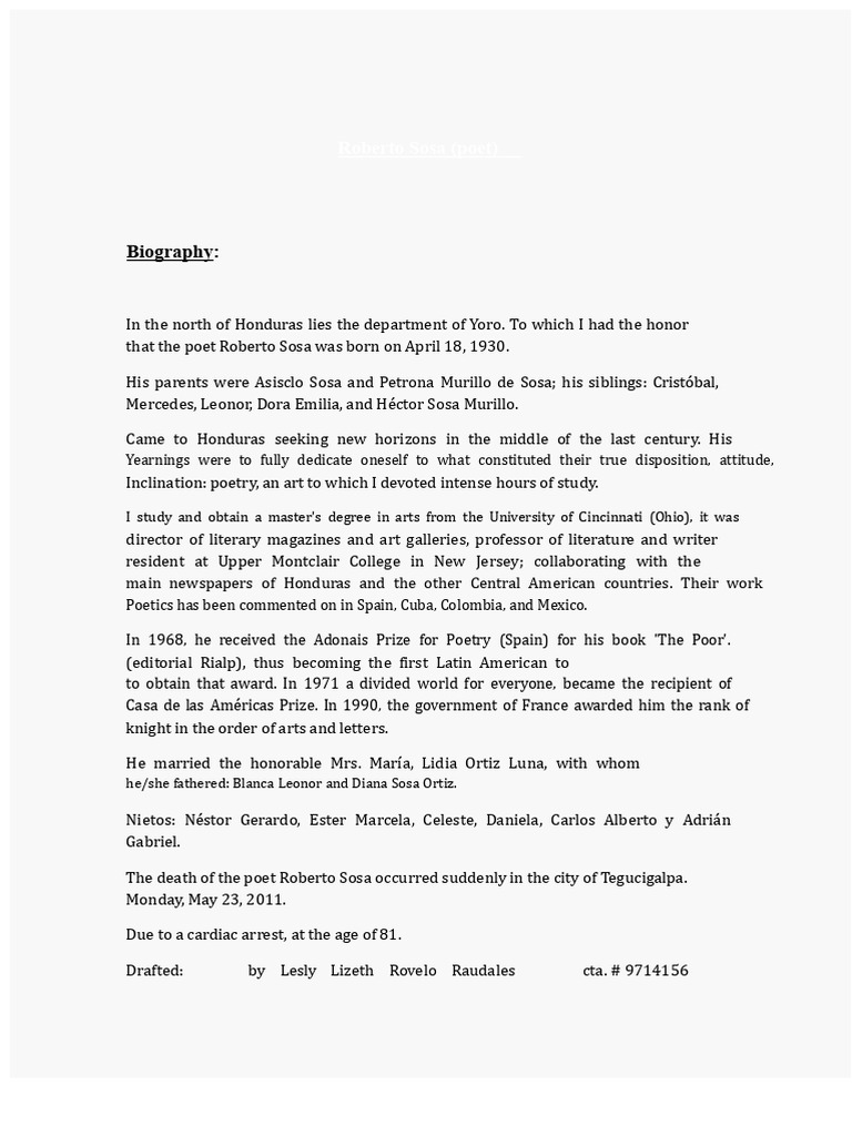 Biography of Roberto Sosa | PDF