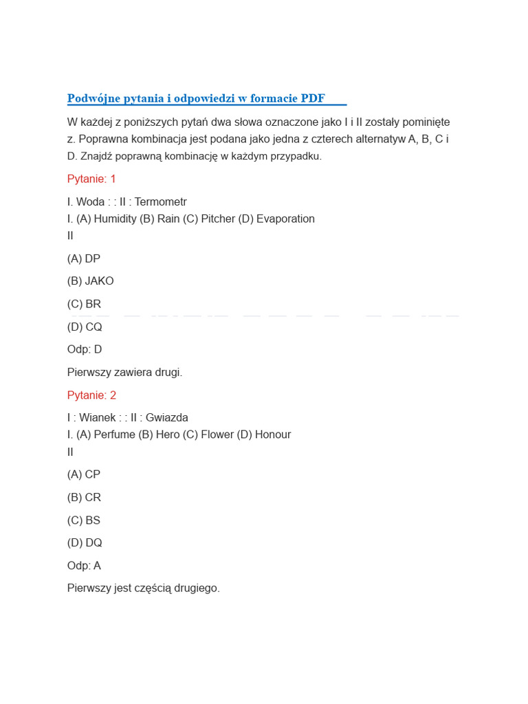Podwójne Pytania I Odpowiedzi W Formacie PDF: Pytanie: 1 | PDF