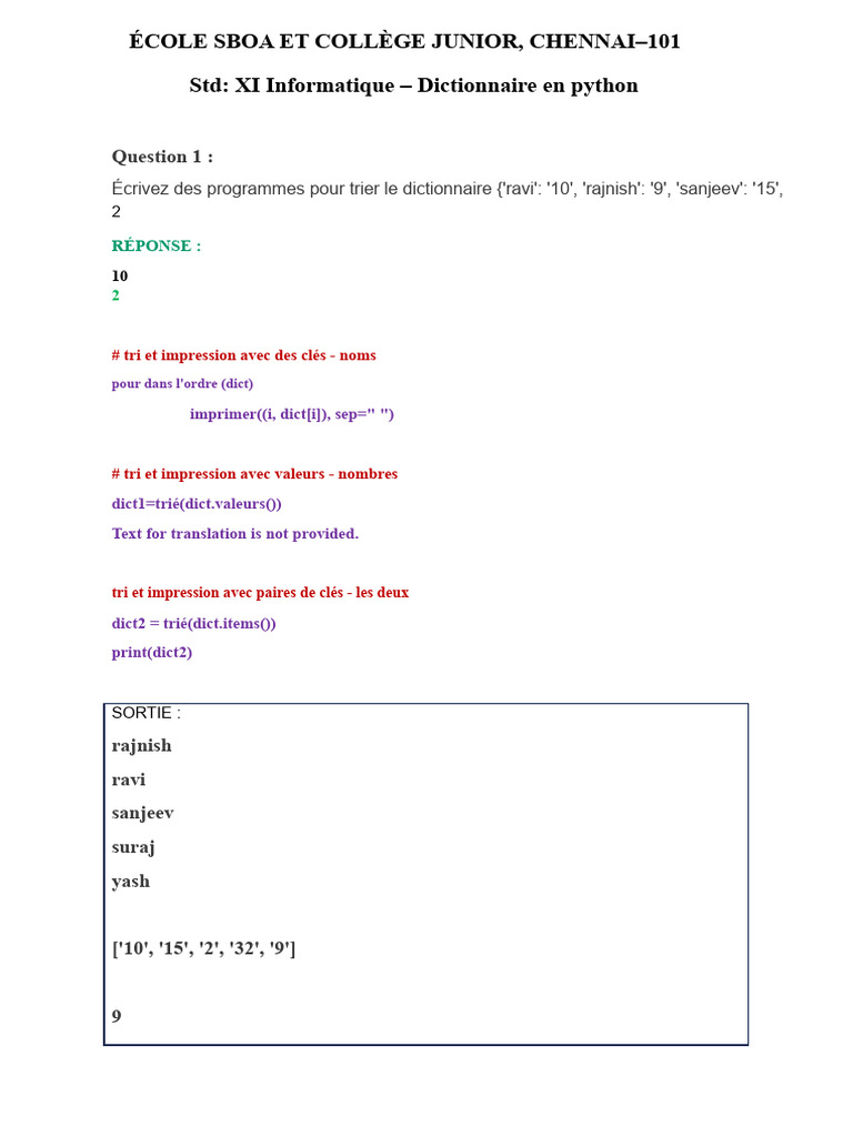 Dictionnaire - Questions Et Réponses Sur Les Programmes - Classe 11 | PDF | Python (Langage de ...