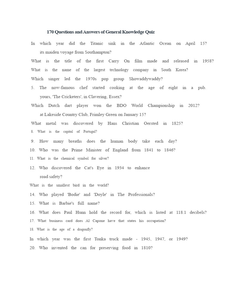 170 General Knowledge Questions | PDF