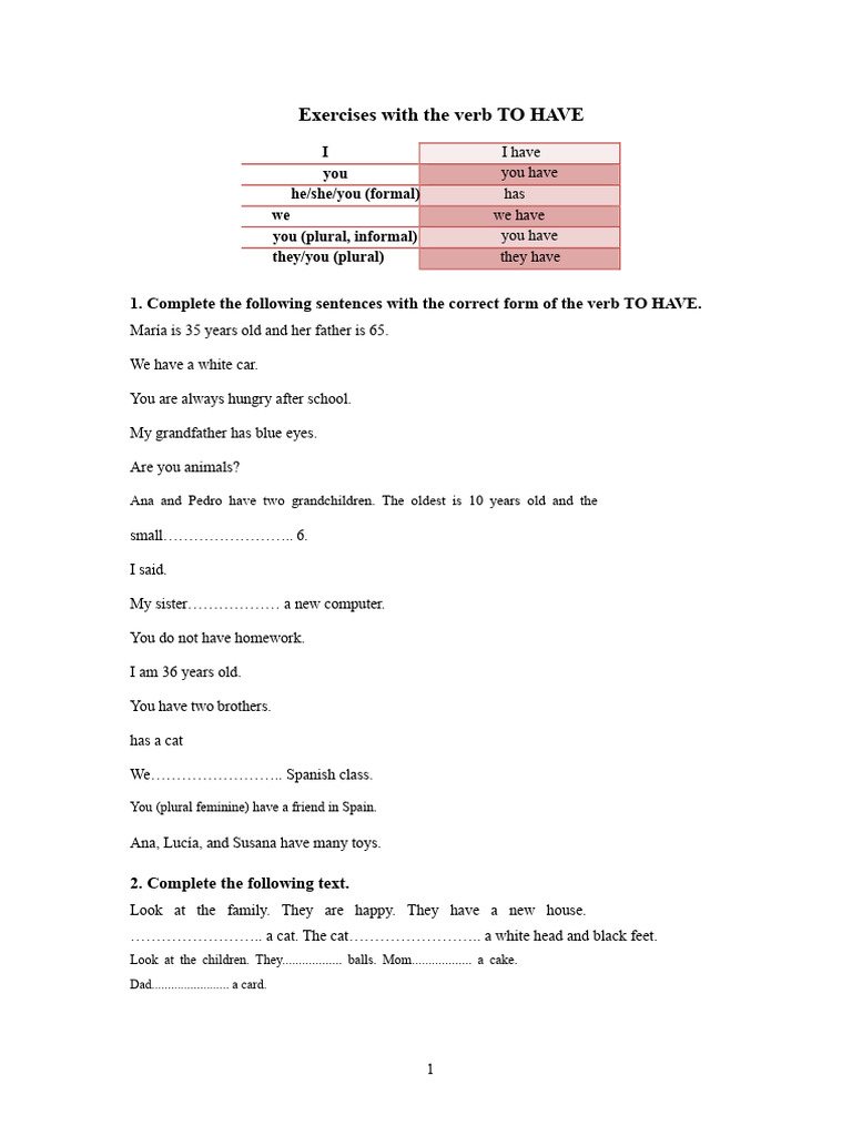 Exercises for the Verb "To Have" | PDF