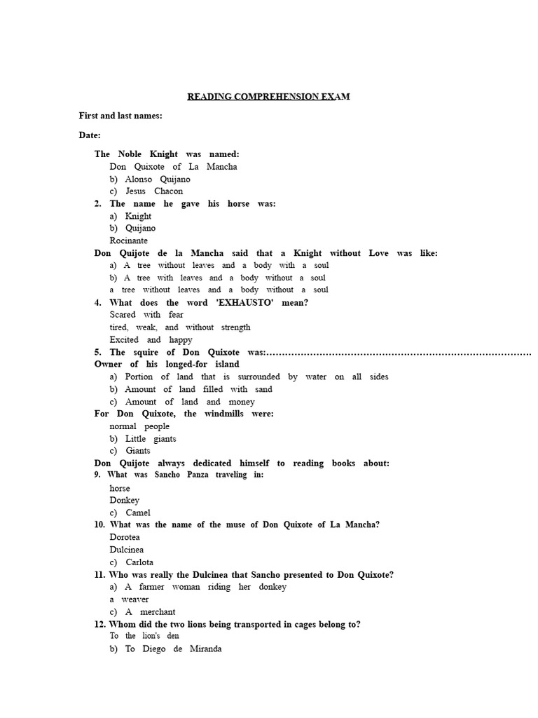 Reading Comprehension Test | PDF | Don Quixote | Comedy Novels