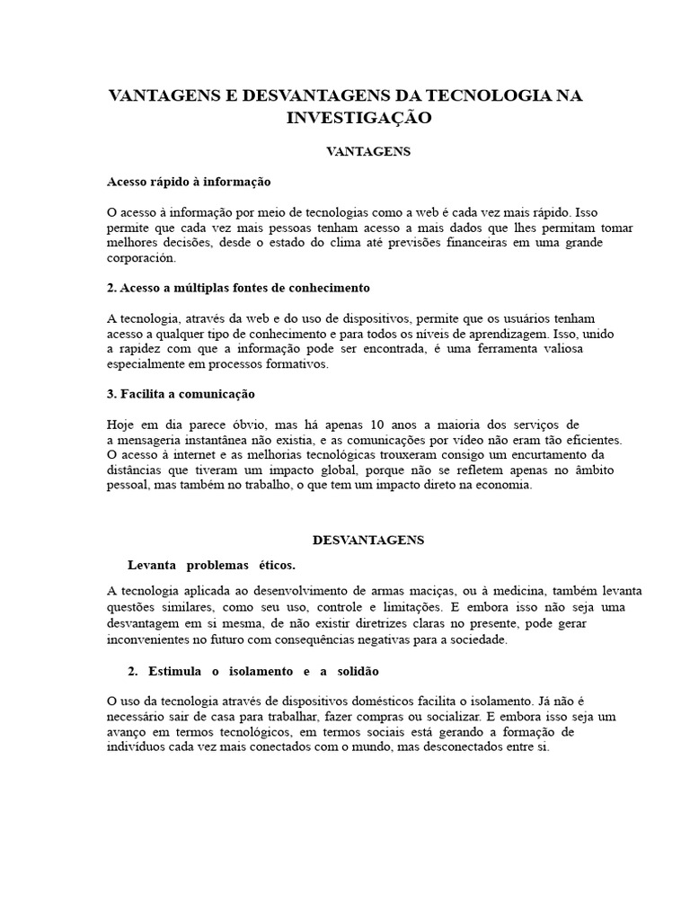 Vantagens e Desvantagens da Tecnologia | PDF | Privacidade na internet ...