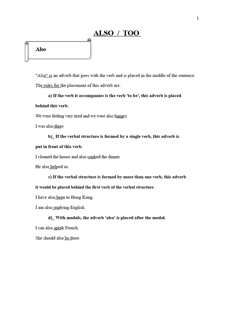 Usage of "Also" and "Too" in Sentences | PDF