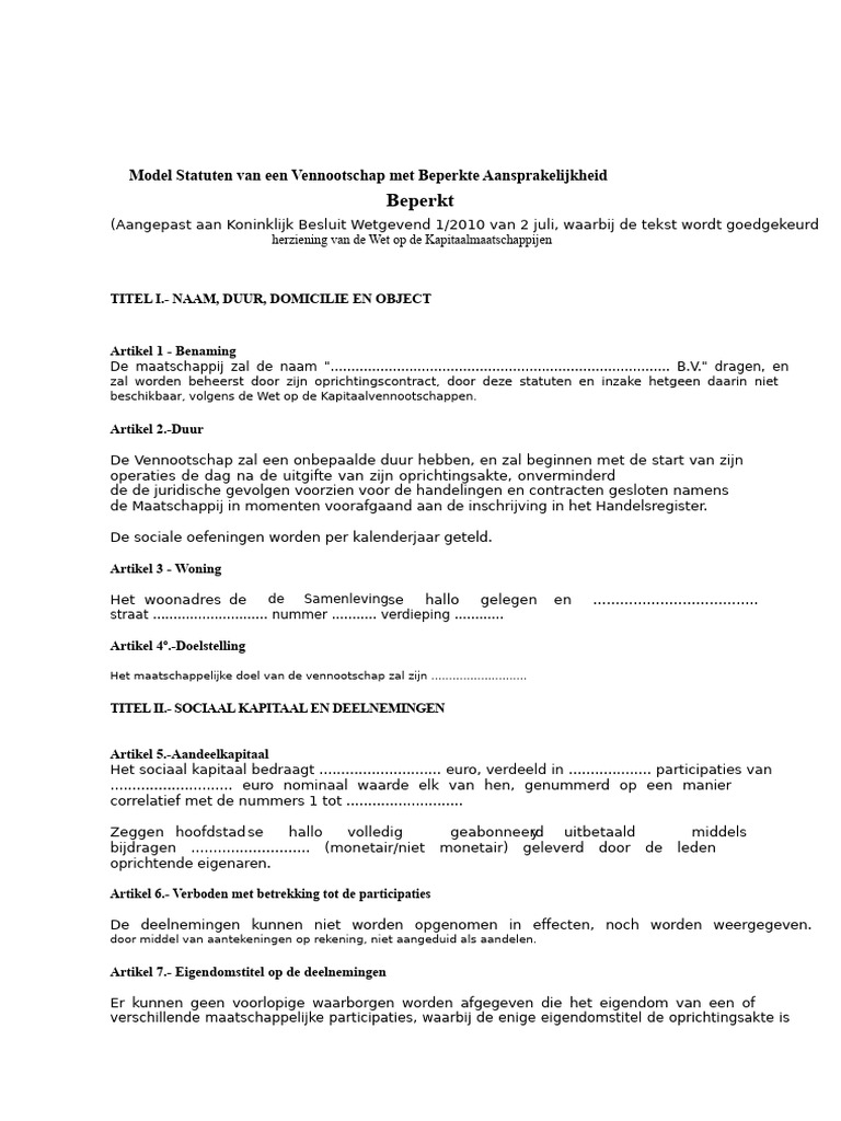 Statuten Van de Besloten Vennootschap (BV) | PDF