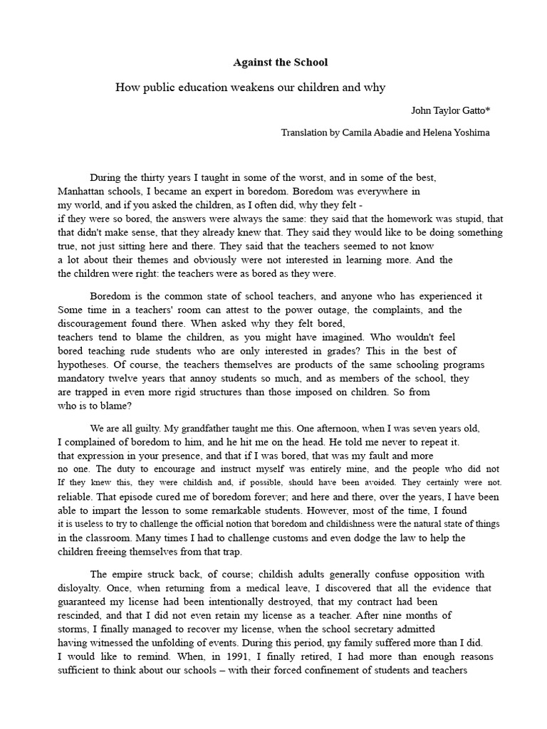 Against School, by John Taylor Gatto | PDF | Teachers | Reason