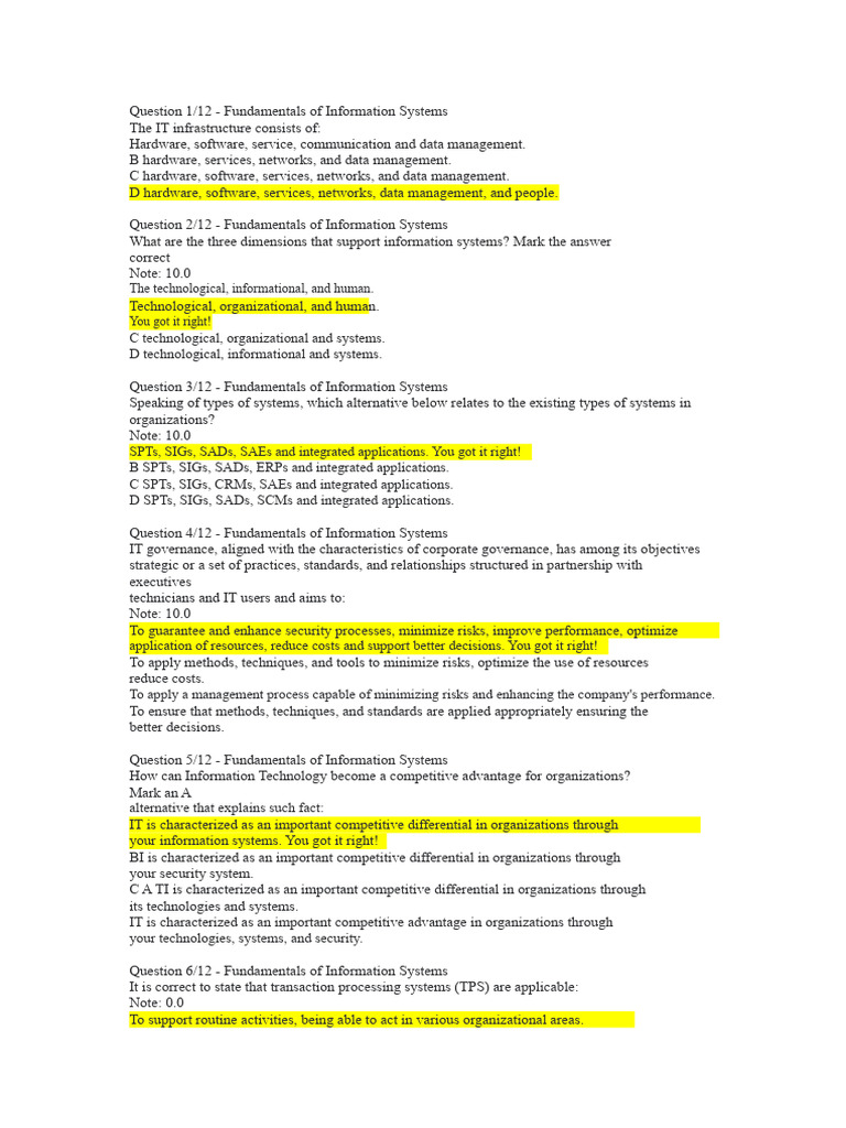 Information Systems Fundamentals Quiz | PDF | Enterprise Resource ...