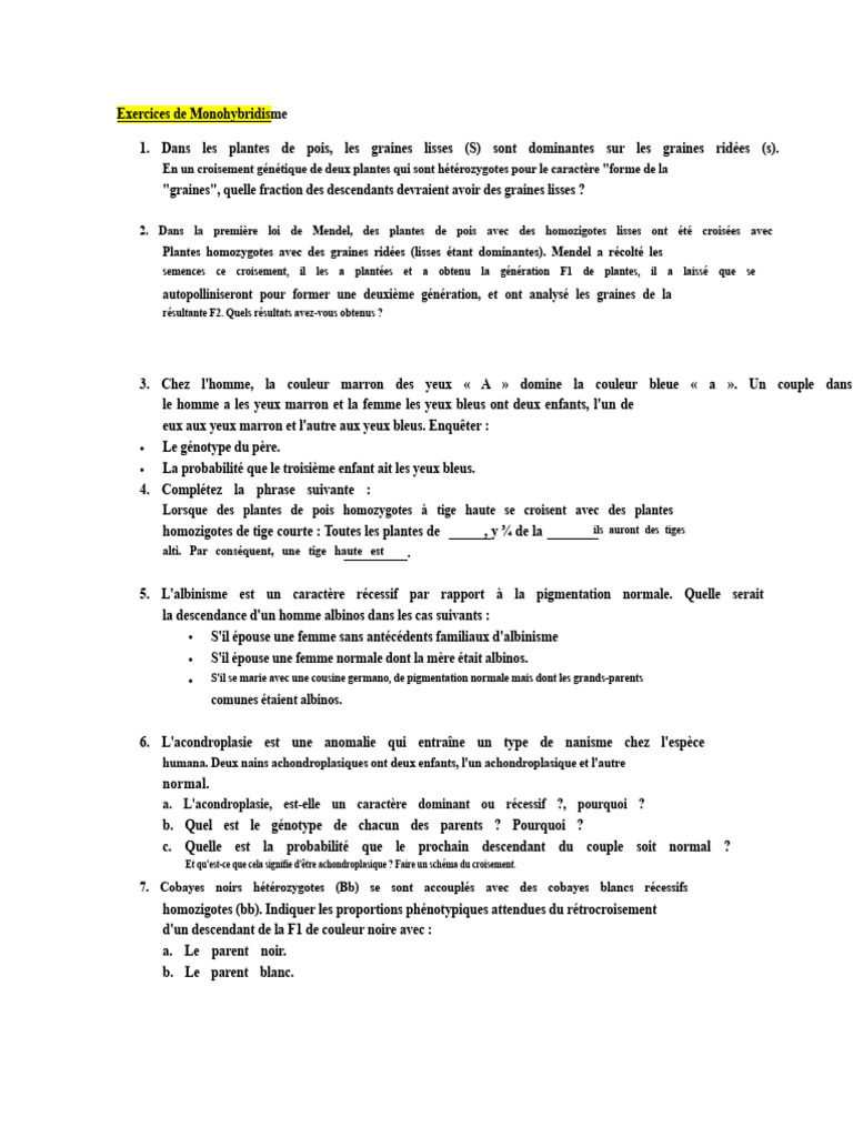 Exercices de Monohybridisme et Dihybridisme | PDF | Dominance ...