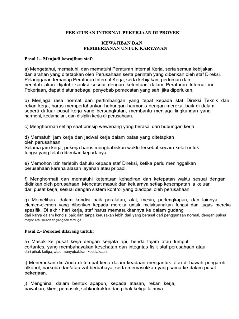 Peraturan Internal Kerja Di Proyek | PDF