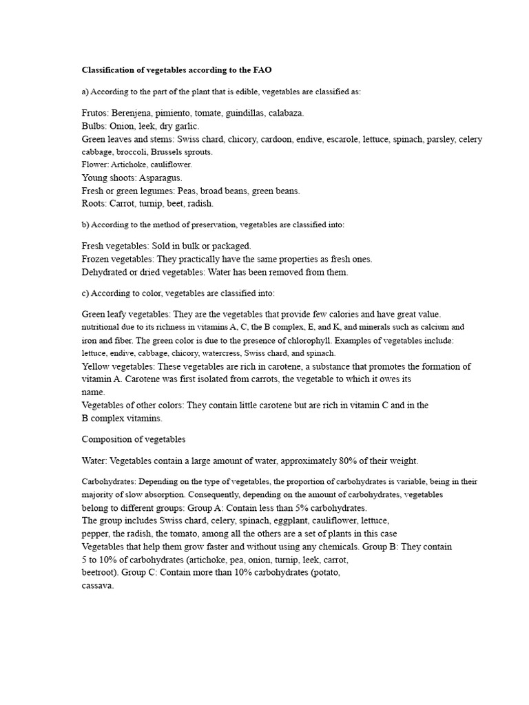 FAO Vegetable Classification Guide | PDF | Vegetables | Dietary Fiber