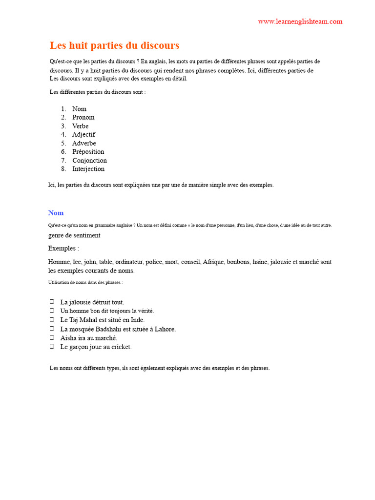 Parties Du Discours Avec Des Exemples PDF | PDF | Nature (grammaire ...