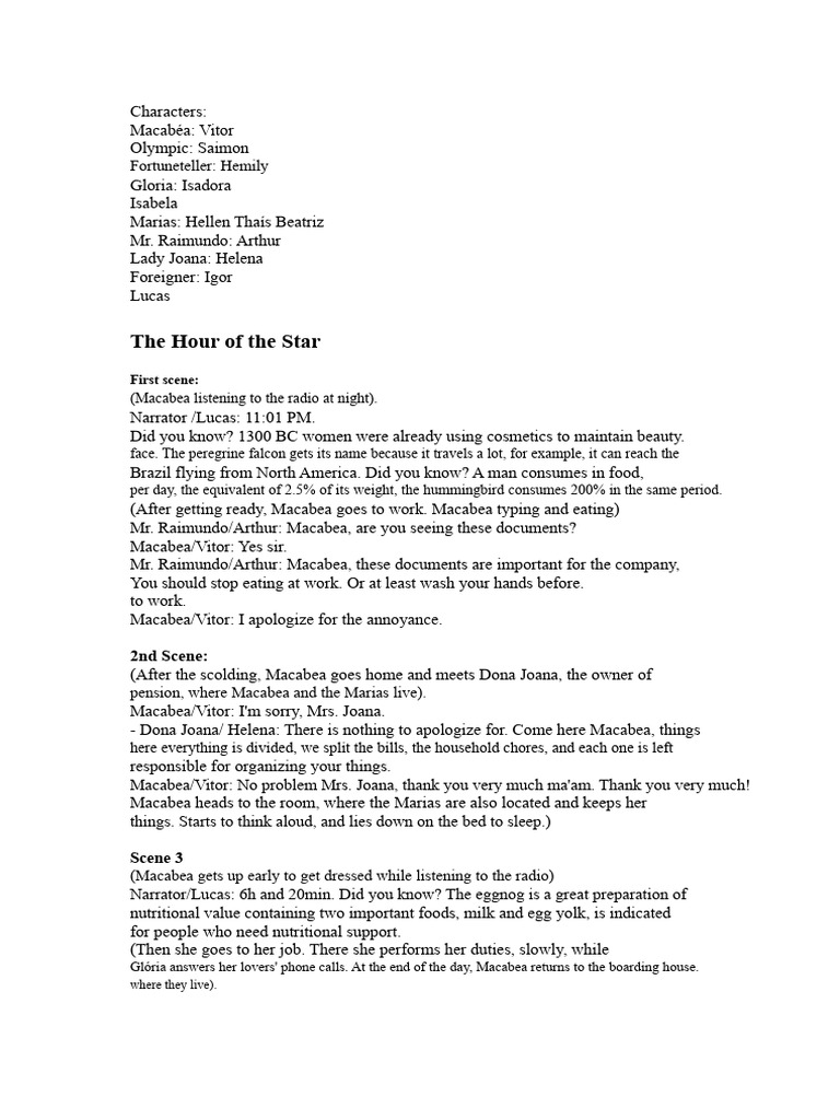 The Hour of The Star Script | PDF
