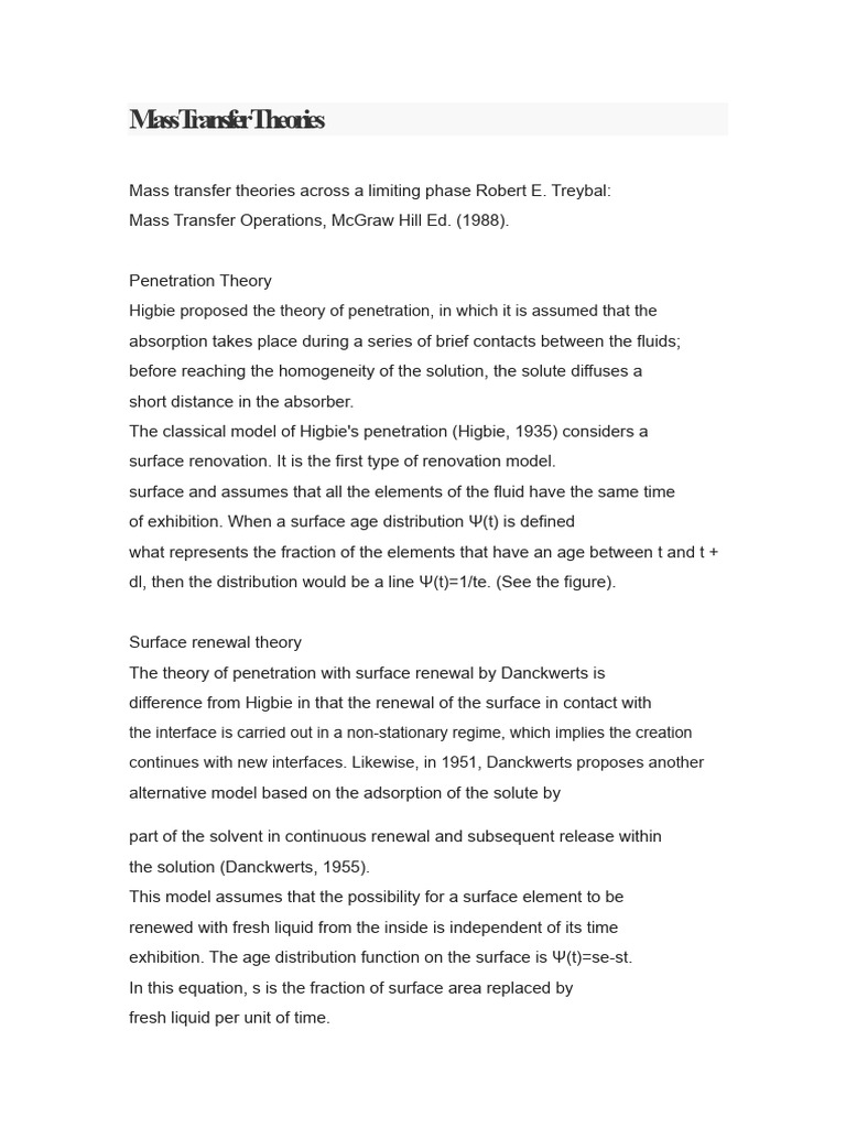 Mass Transfer Theories Penetration Pdf Boundary Layer Diffusion
