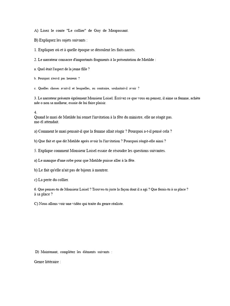 Analyse du conte "Le collier" de Maupassant | PDF