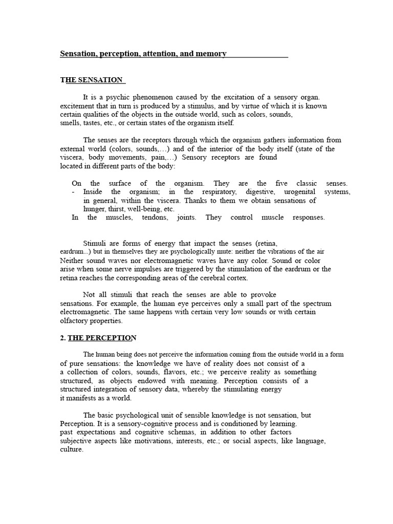 The Sensation, Perception, and Memory | PDF | Perception | Senses