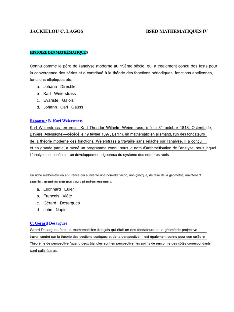Première Série de Questions (1-10) - HISTOIRE DES MATHÉMATIQUES | PDF ...
