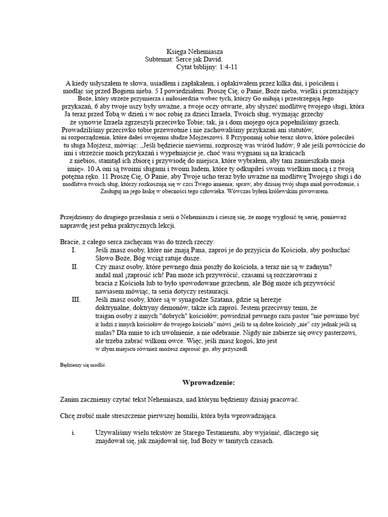 Nehemias 1 4 11 Serce jak serce Dawida | PDF