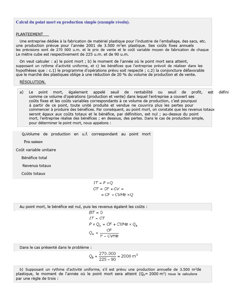 Calcul du point mort en production simple | PDF | Le volume