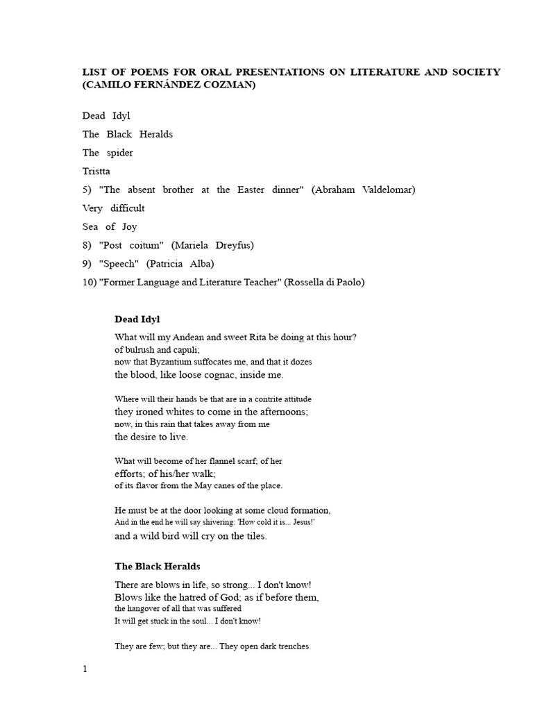 List of Poems For Oral Presentations On Literature and Society | PDF