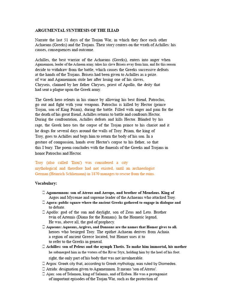 Argumentative Synopsis of The Iliad | PDF | Hector | Paris (Mythology)