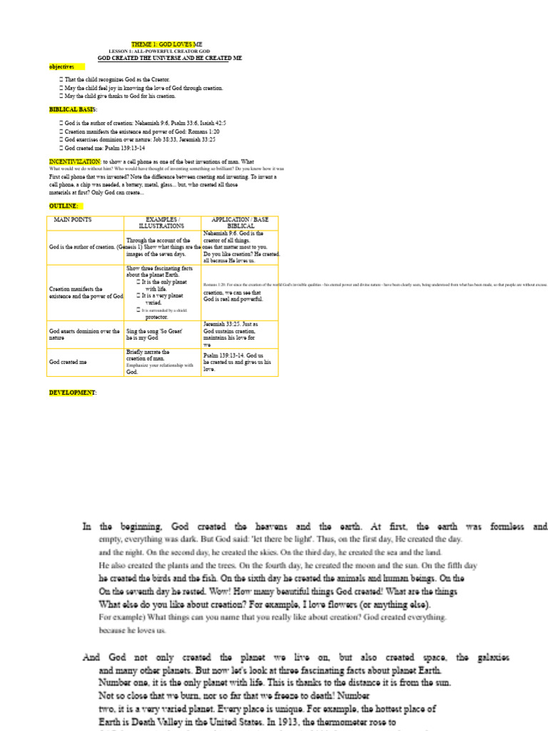 Lesson 1 - God Created The Universe and He Created Me | PDF | Genesis ...