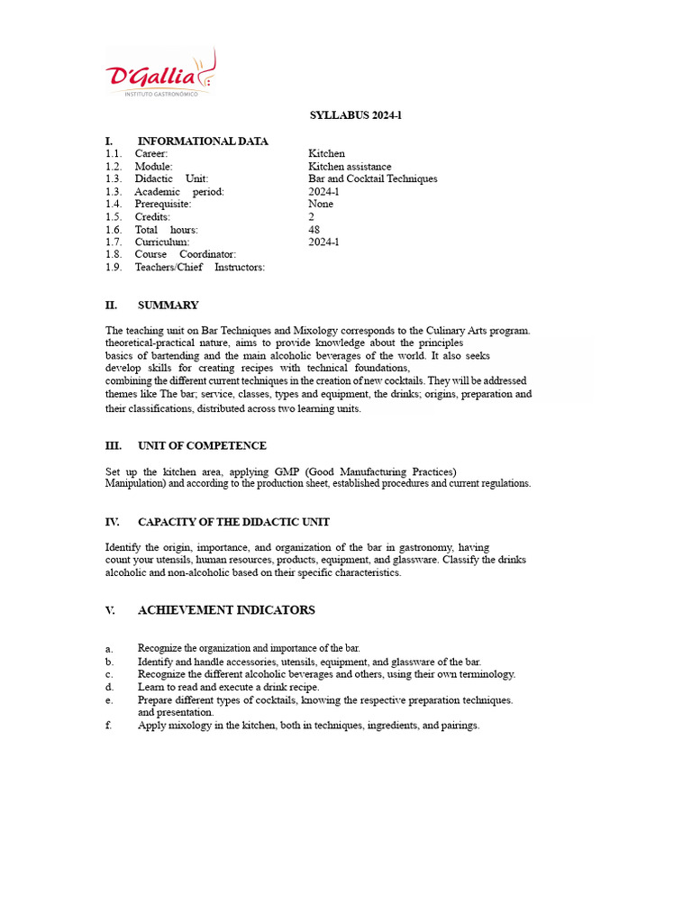 Syllabus_Bar_D'Gallia | PDF | Bartender | Cocktails