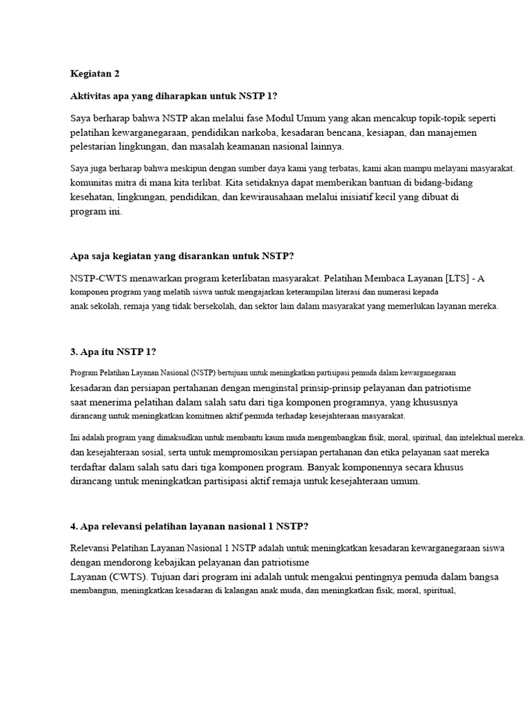 Kegiatan Apa Yang Diharapkan Untuk NSTP 1 | PDF