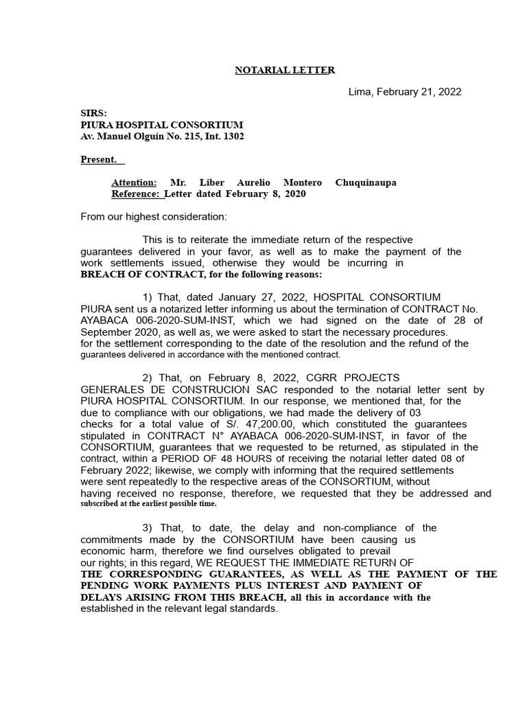 Notarial Letter of Contract Default | PDF | Breach Of Contract | Civil Law (Legal System)