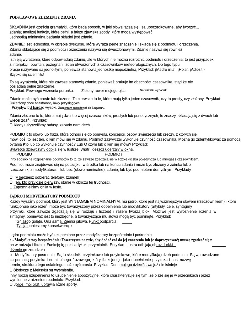 Podstawowe Elementy Zdania | PDF