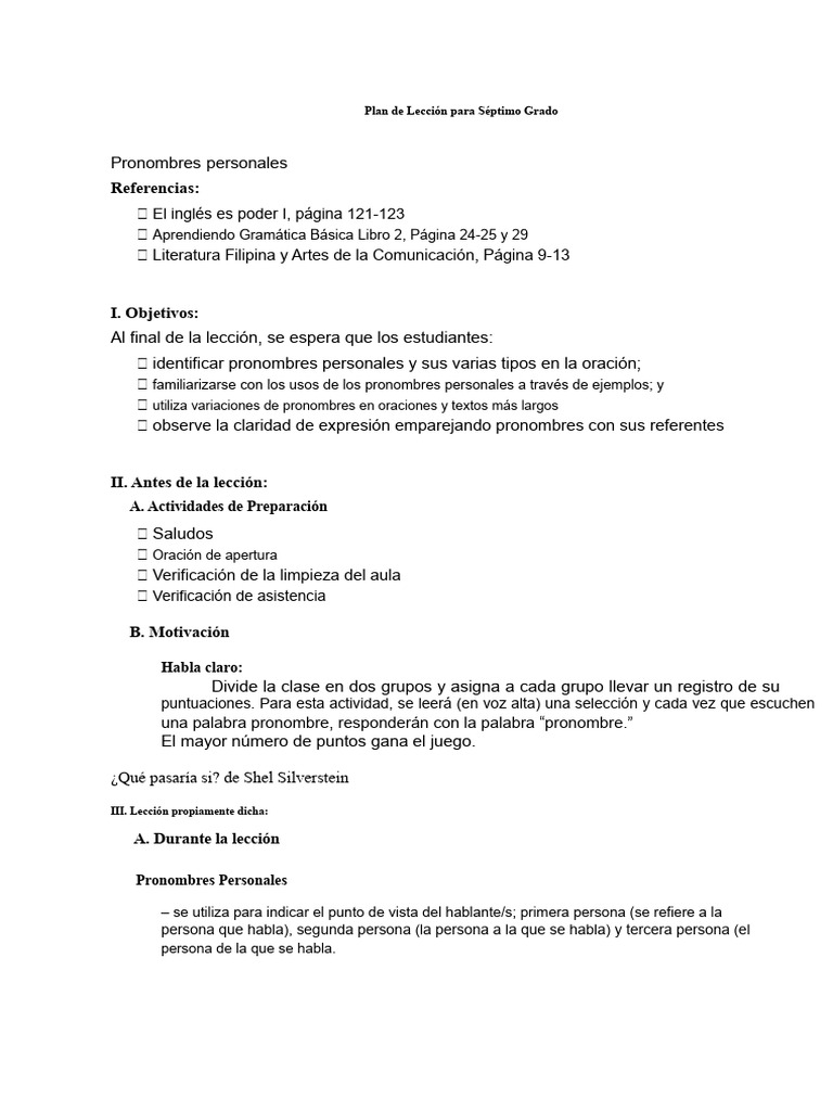Pronombres Personales (Plan de Lección para Séptimo Grado) | PDF | Pronombre | Asunto (gramática)